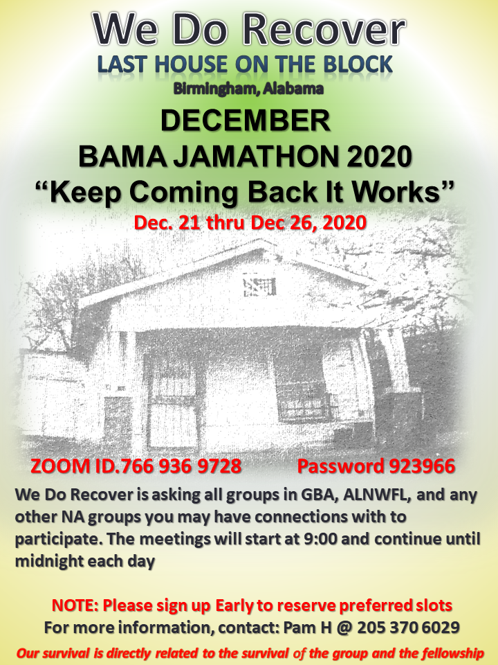 DECEMBER BAMA JAMATHON 2020 – Alabama Northwest Florida Region of NA